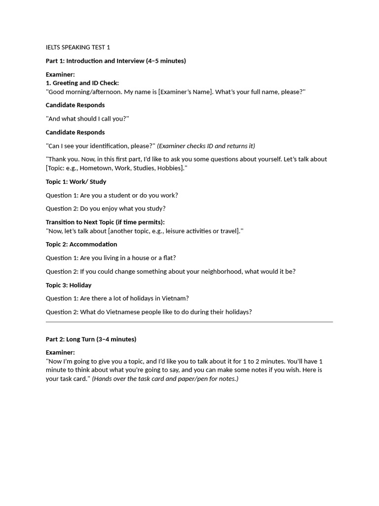 IELTS SPEAKING TEST 1 | PDF