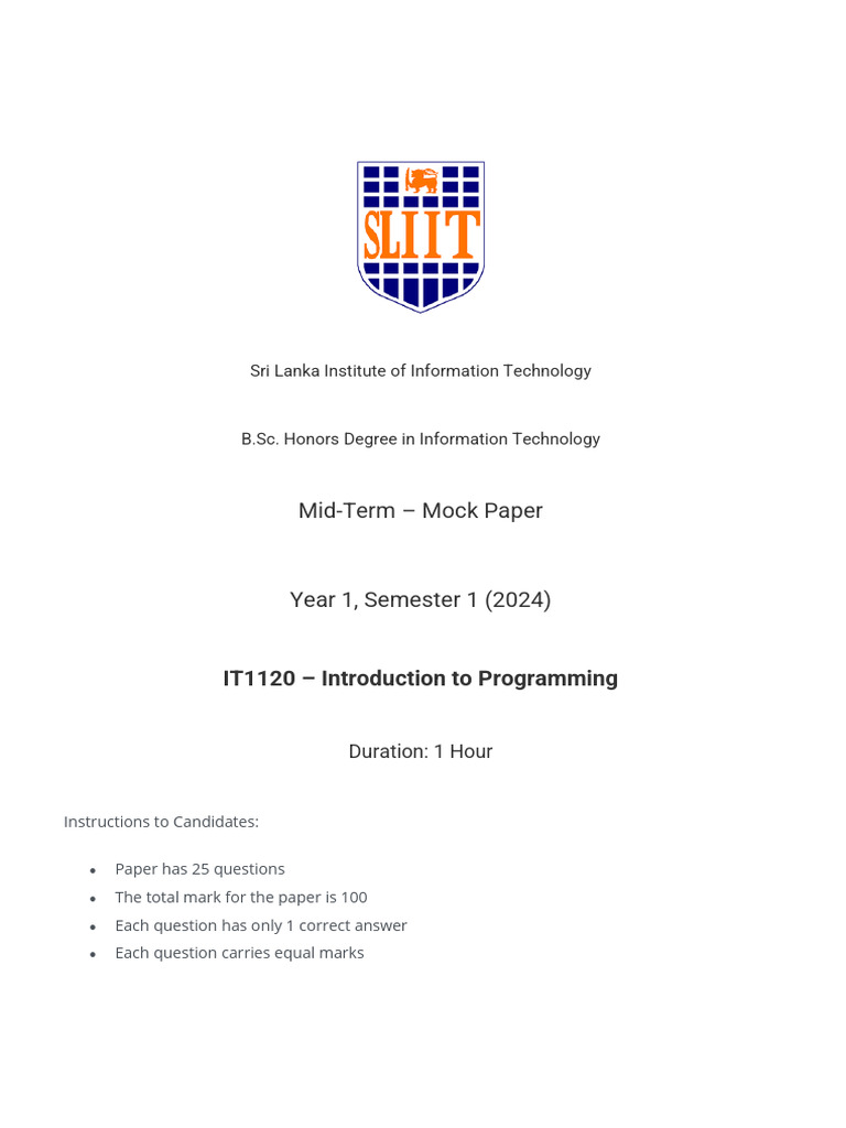 Mid-Term Mock Exam Questions | PDF | Computer Programming | Software Engineering