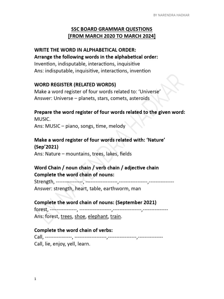 SSC Board Grammar Questions 2020-2024 | PDF | Sentence (Linguistics) | Verb