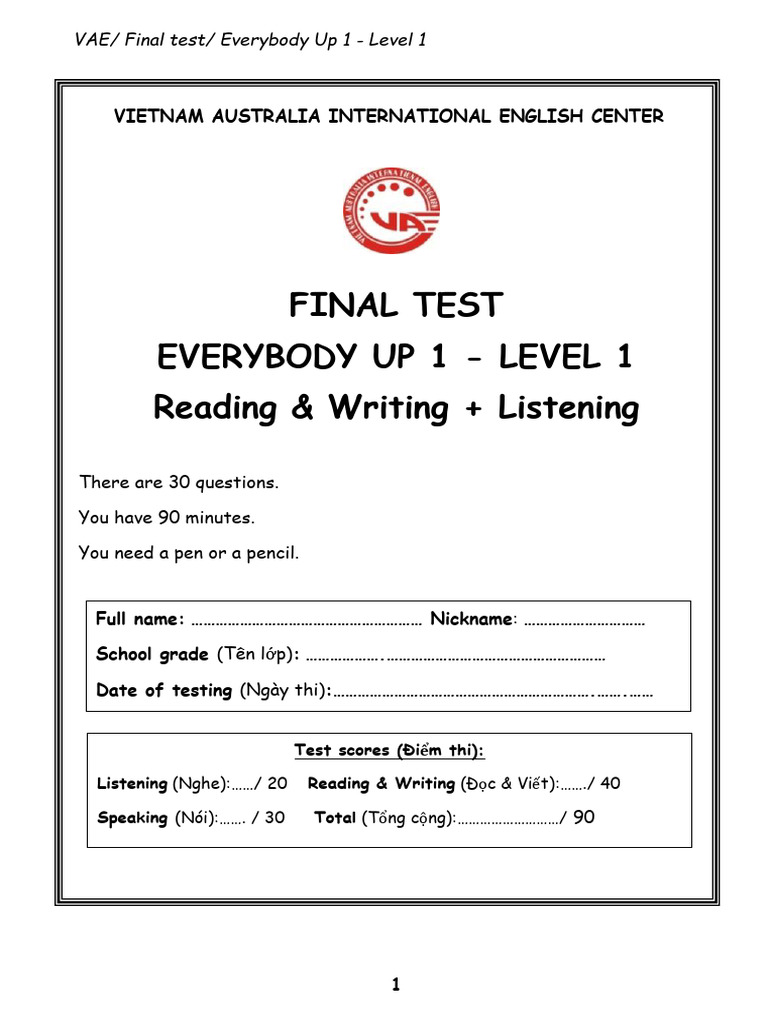 Final Test for Everybody Up 1 Level 1 | PDF