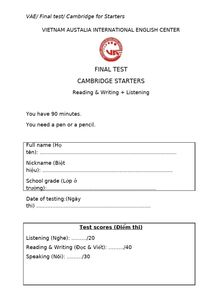 Cambridge Starters Final Test | PDF