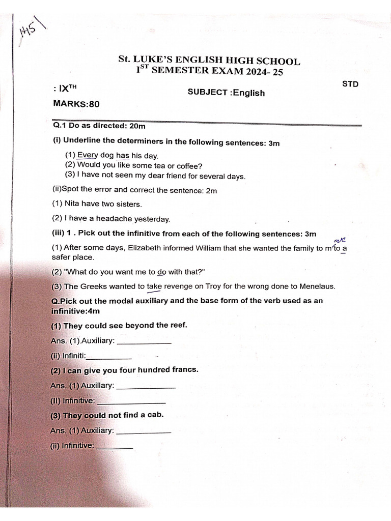 Class 9th 1st Semester Exam Paper ST Lukes | PDF