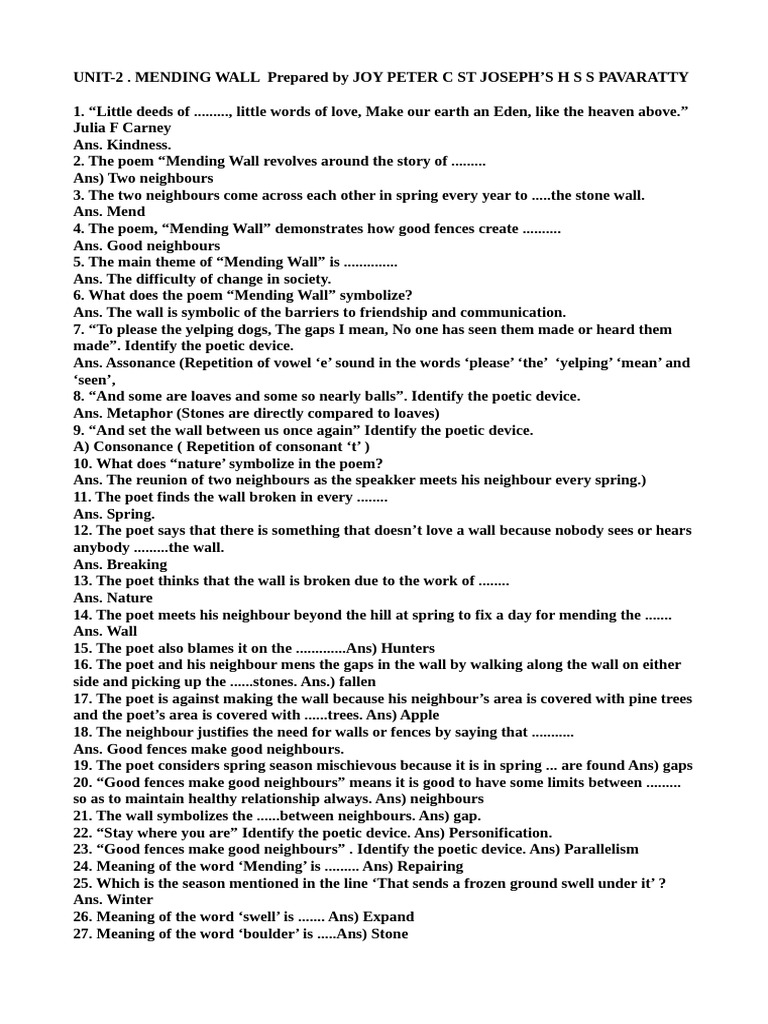 Mending Wall Editedjoy Peter PDF | PDF | Poetry | Wall