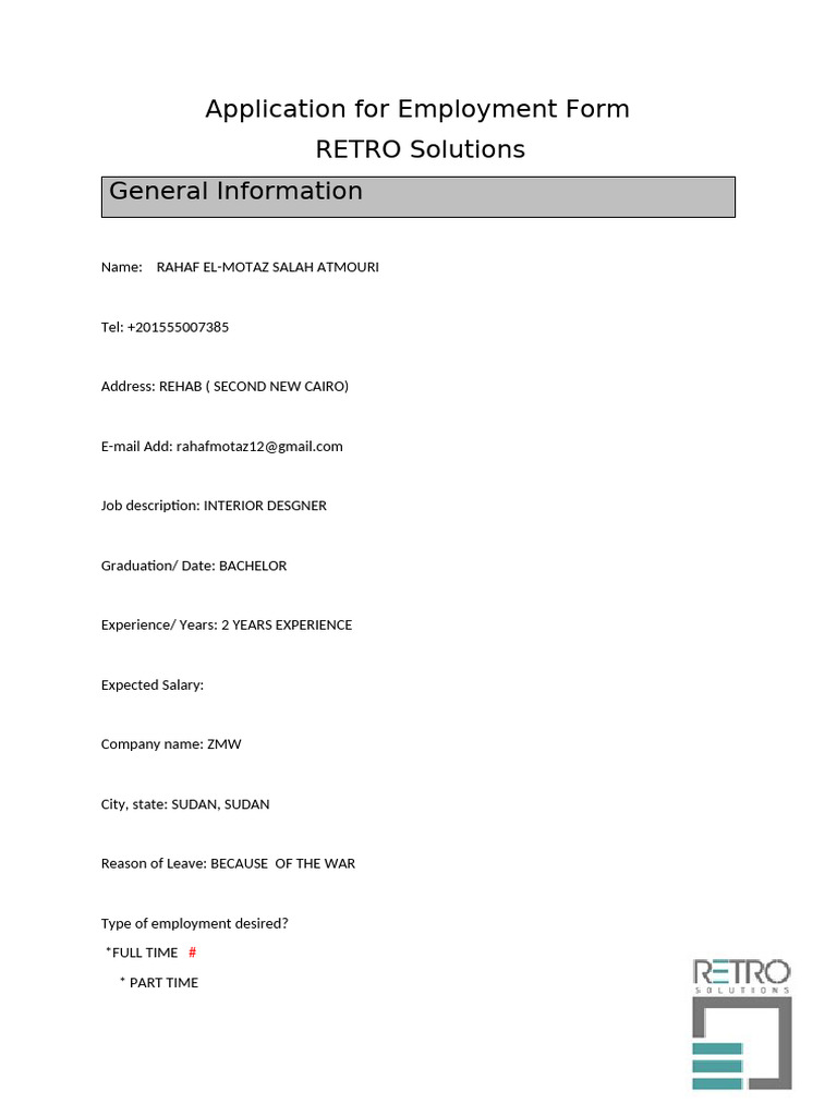 Employment Application for Interior Designer | PDF