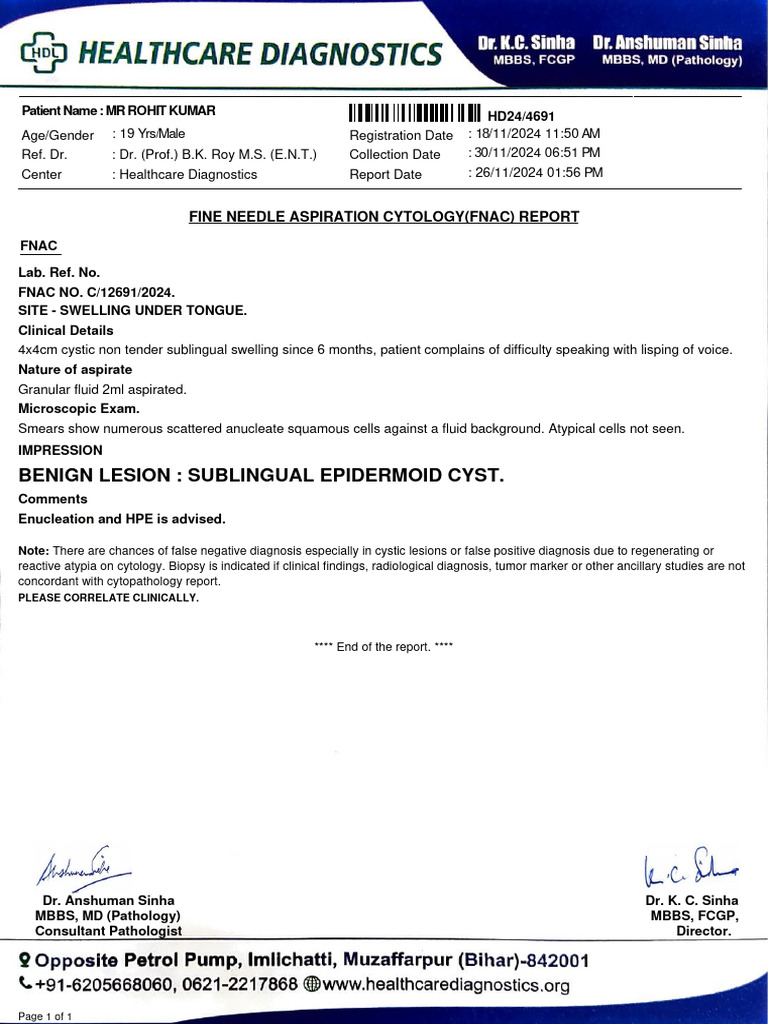 Healthcare Fnac Patient Asutosh Kumar HD244691 | PDF