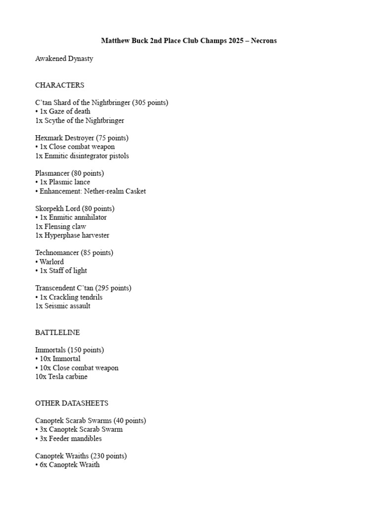 Matthew Buck 2nd Place Club Champs 2025 - Necrons | PDF