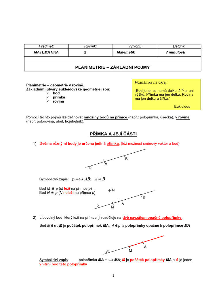 MAT 2 Planimetrie-Základní-Pojmy UT-PL | PDF