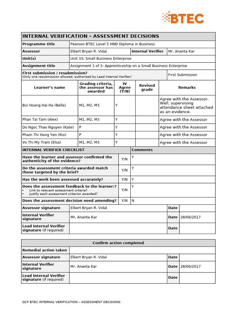 Internal Verification for BTEC HND Business | PDF