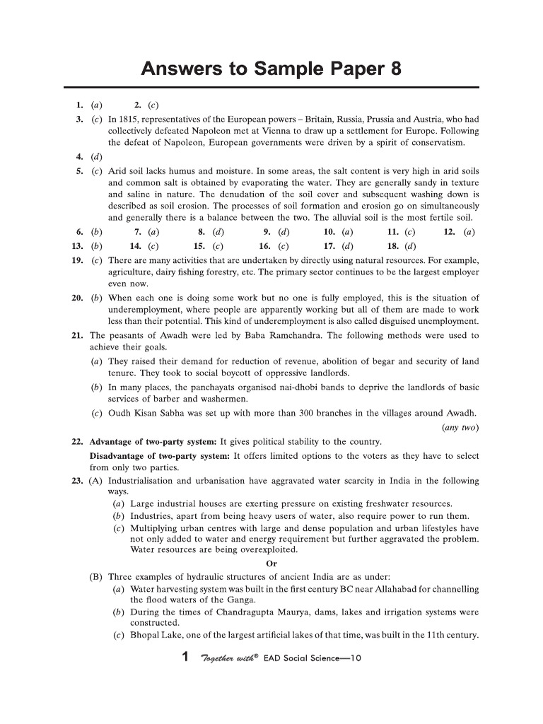 Cbse Cl10 Ead Social Science Answers To Sample Paper 8 2025 | PDF