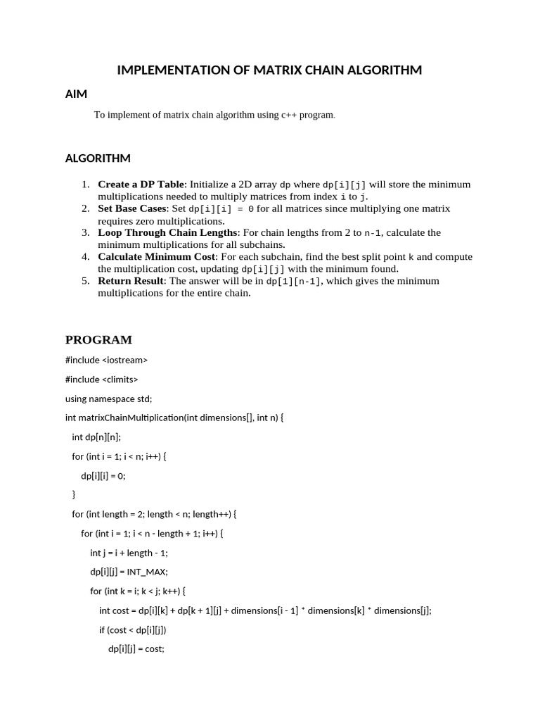 IMPLEMENTATION OF MATRIX CHAIN ALGORITHM | PDF