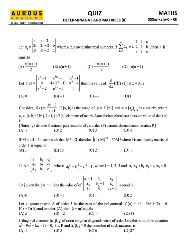 Quiz For Maths - DETERMINANT AND MATRICES (II) For Class XII | PDF