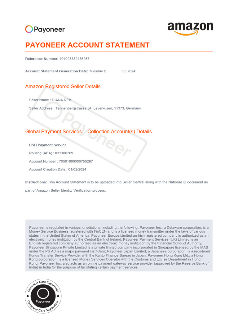 Amazon Seller Payoneer Statement | PDF