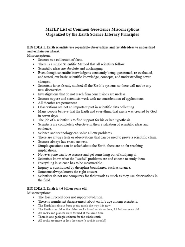 MiTEP List of Common Geoscience Misconceptions | PDF | Earth | Science
