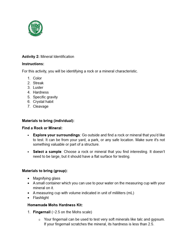 Mineral Identification Activity Guide | PDF | Minerals | Crystal