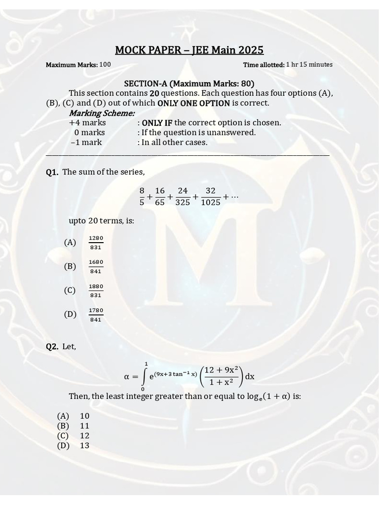 JEE Main Mock Paper 1 | PDF | Mathematical Analysis | Mathematical Objects