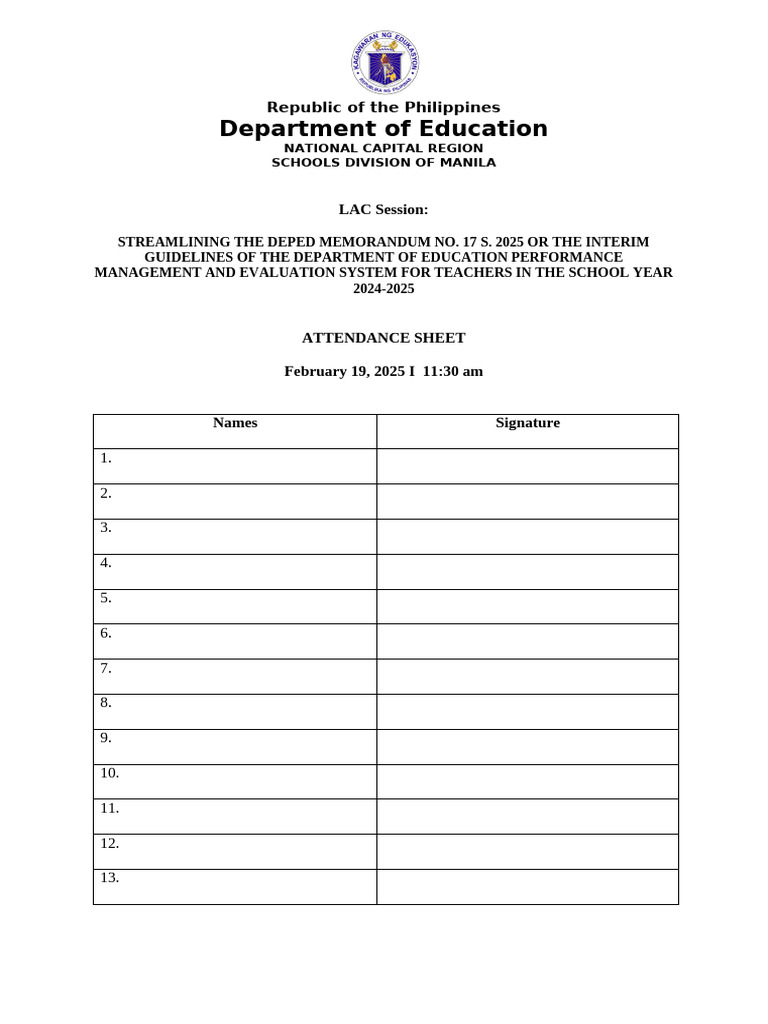 LAC ATTENDANCE TEMPLATE SAMPLE | PDF