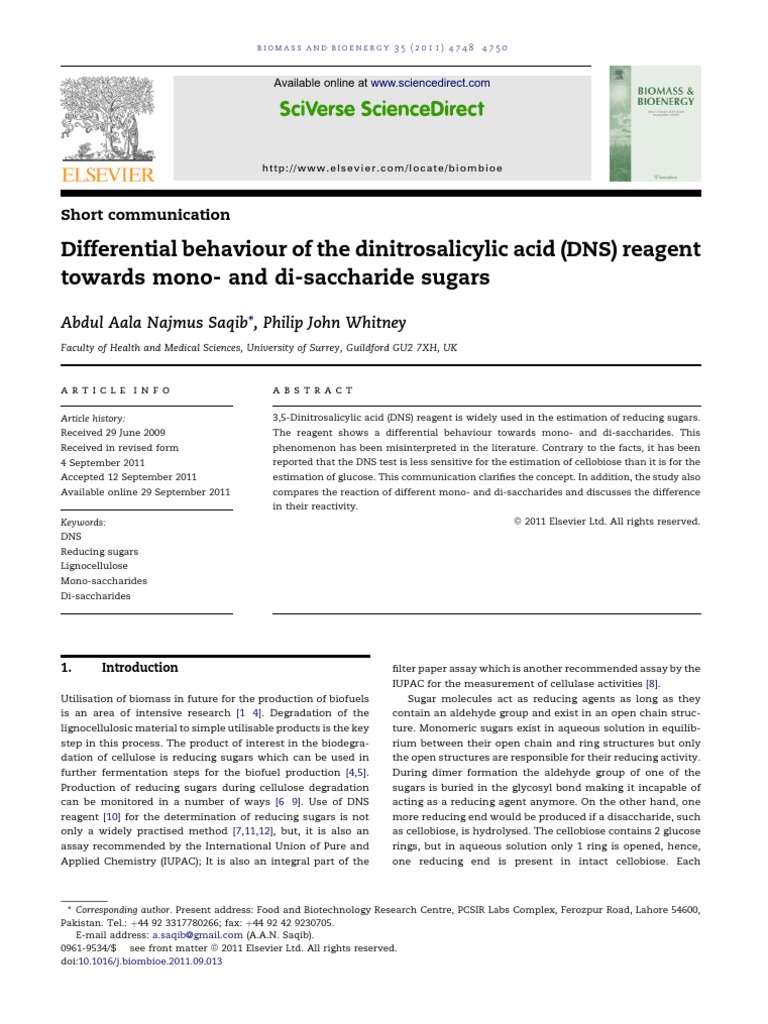 Differential Behaviour of The Dinitrosalicylic Acid (DNS) Reagent | PDF ...
