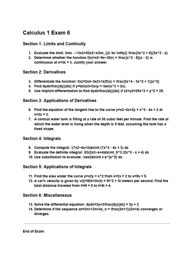 Calculus 1 Exam 6 | PDF