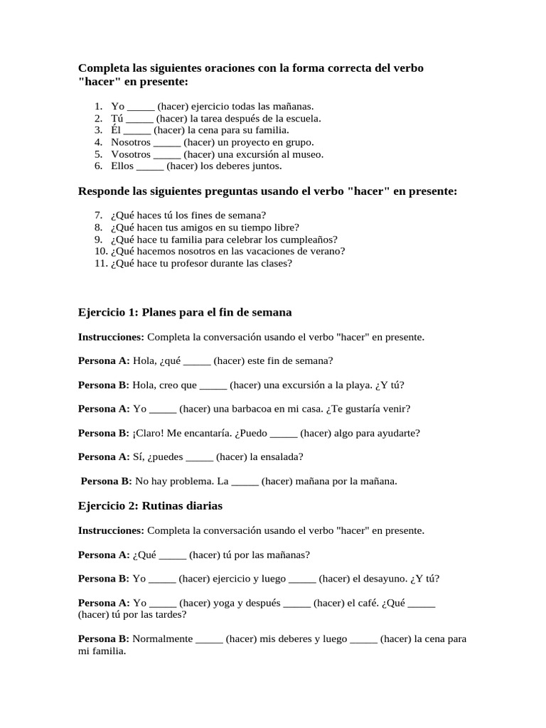 Ejercicios Del Verbo Hacer | PDF