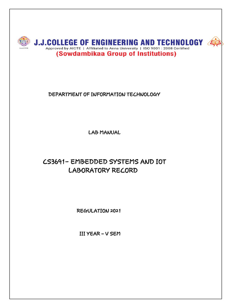 CS3691 Embedded Systems and Iot Laboratory Record | PDF | Arduino | Embedded System