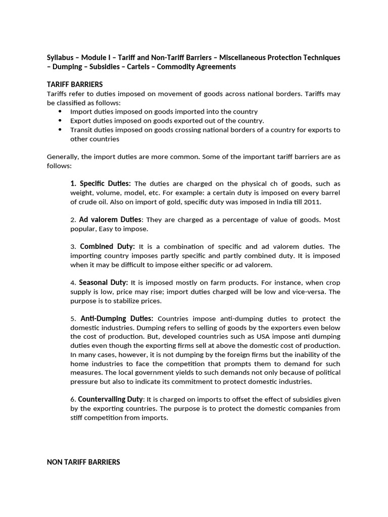 Mod I Mcom Eco - Tarrif and Non Tarrif Berriers | PDF | Non Tariff Barriers To Trade | Tariff