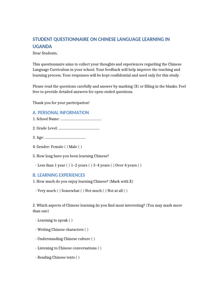 Student_Questionnaire_Chinese_Language_Revised | PDF | Chinese Language ...