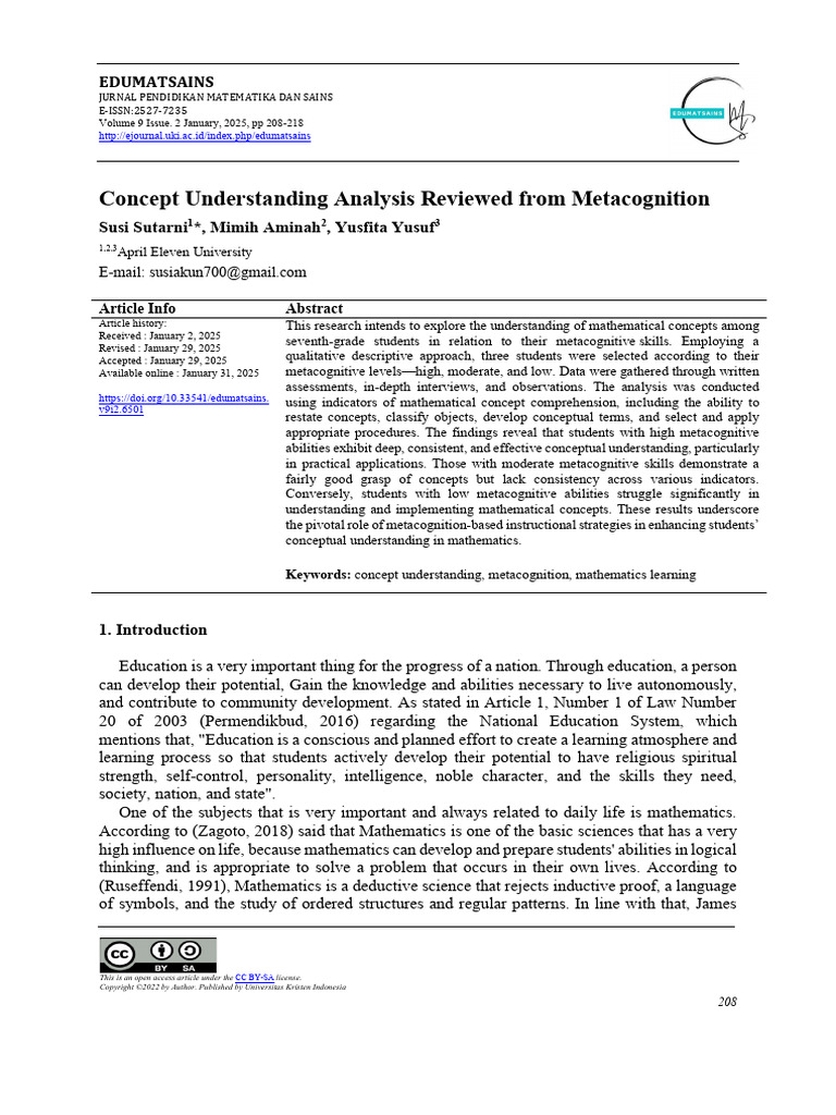 Concept Understanding Analysis Reviewed from Metacognition | PDF ...