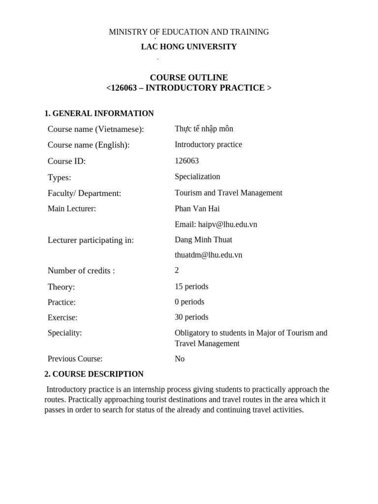 Introductory Practice Course Outline | PDF | Lecture | Lesson Plan