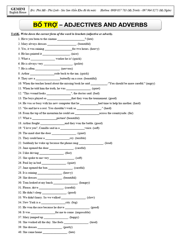 Adjective and Adverb Exercise Worksheet | PDF