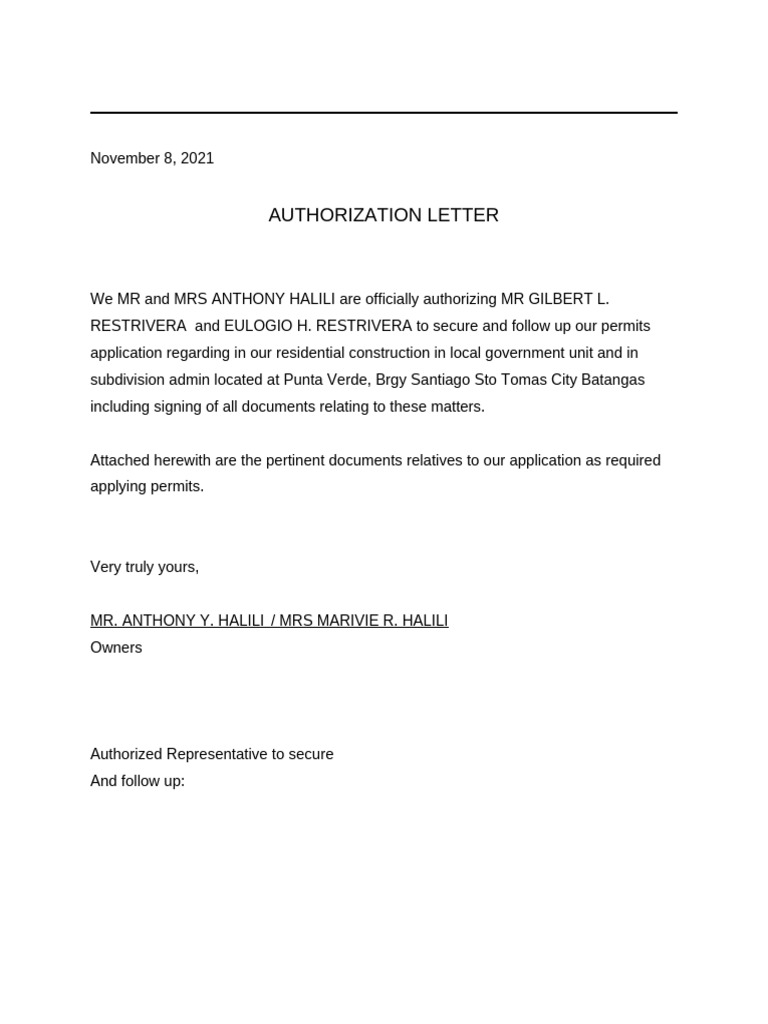 Authorization Letter for Permit Application | PDF