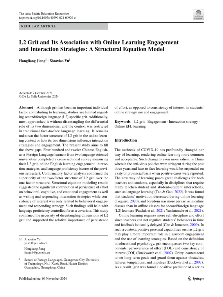 L2 Grit and Its Association With Online Learning Engagement and Interaction Strategies A ...