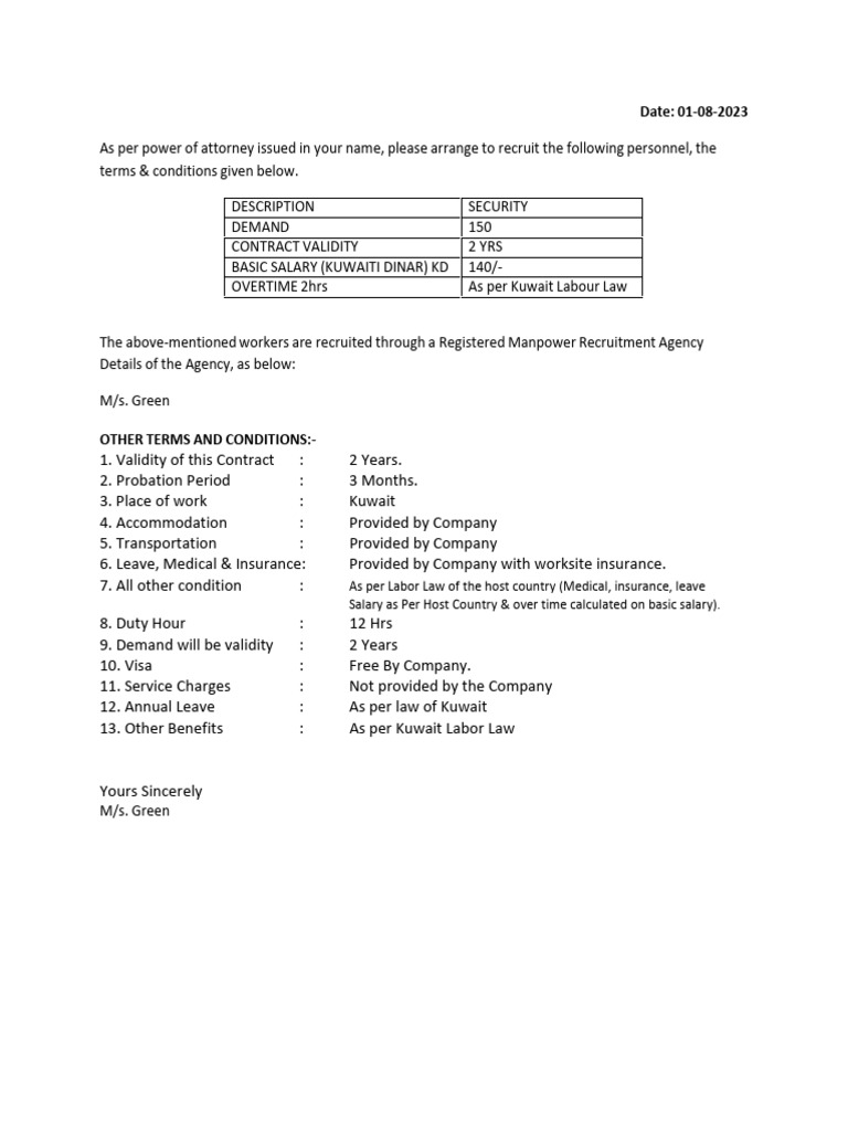 Kuwait Security Recruitment Contract | PDF | Employment | Labour Law