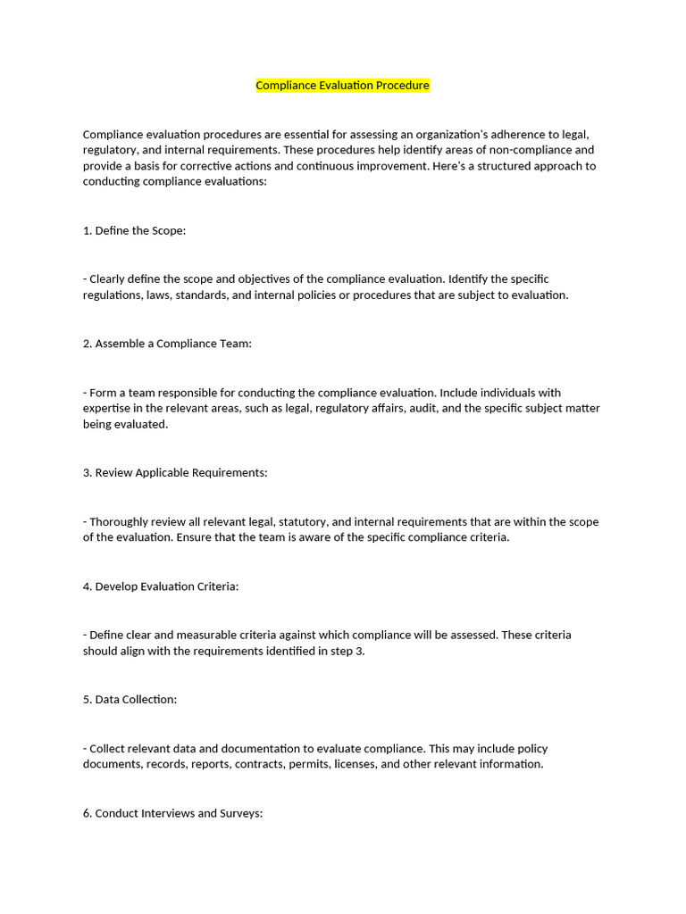 Compliance Evaluation Procedure | PDF | Regulatory Compliance | Evaluation