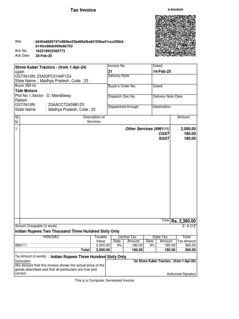 Tax Invoice: Shree Kuber Tractors - (From 1-Apr-24) 21 14-Feb-25 | PDF ...