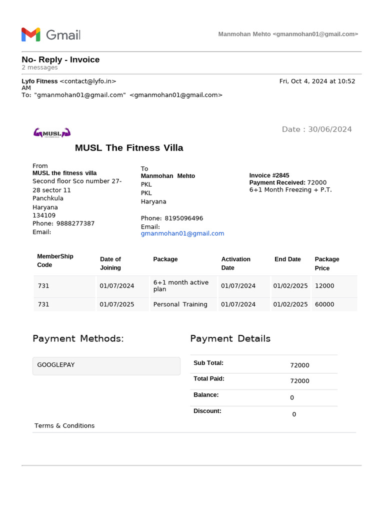 Gmail - Gym - Invoice | PDF