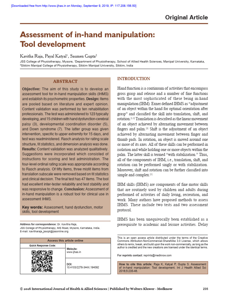 Assessment of InHand Manipulation | PDF | Psychometrics | Behavioural ...