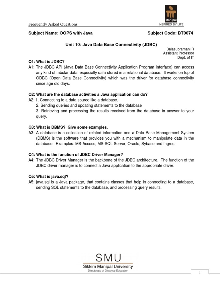 Subject Name Oops With Java Subject Code Bt0074 Unit 10 Java Data Base Connectivity Jdbc Pdf