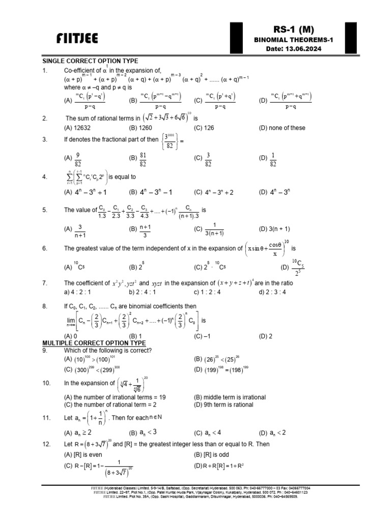Binomial Theorem RS Sheet-1 13.6.2024 | PDF | Mathematics | Algebra