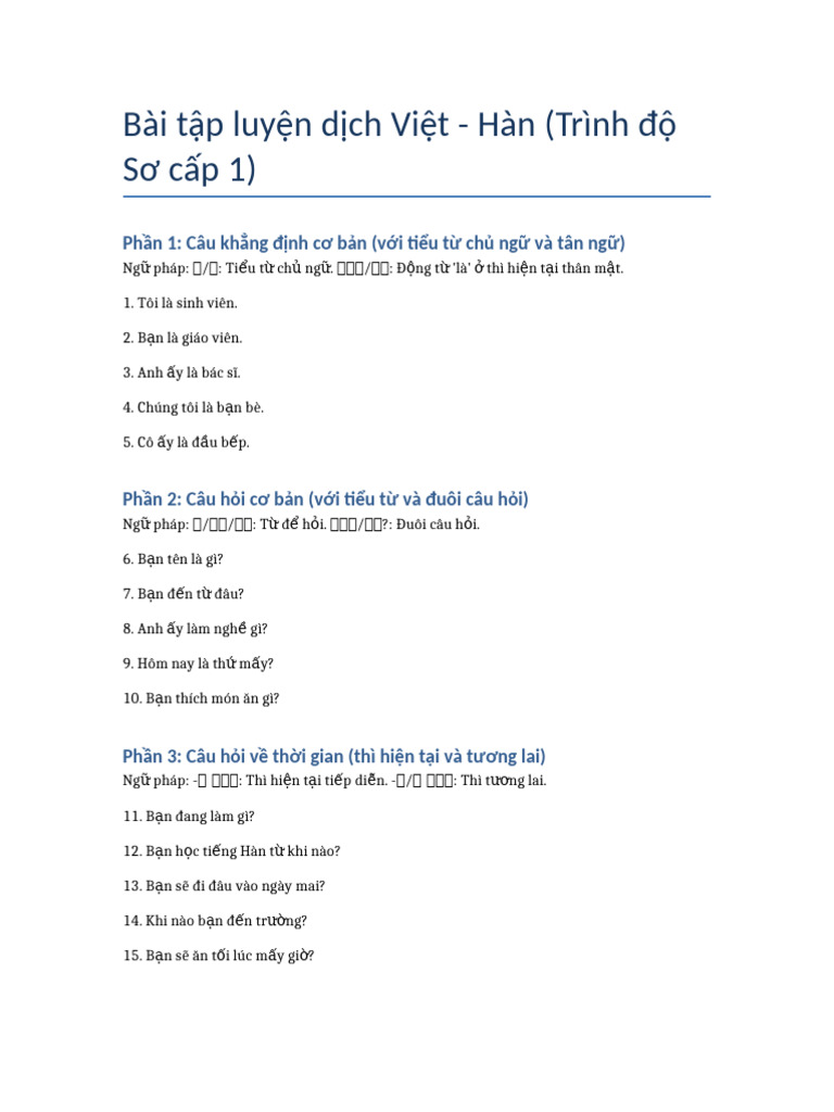 Bai Tap Dich Viet Han So Cap 1 | PDF