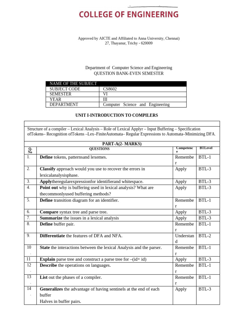 11 Question Bank-With BTL 1-1 | PDF | Parsing | Regular Expression