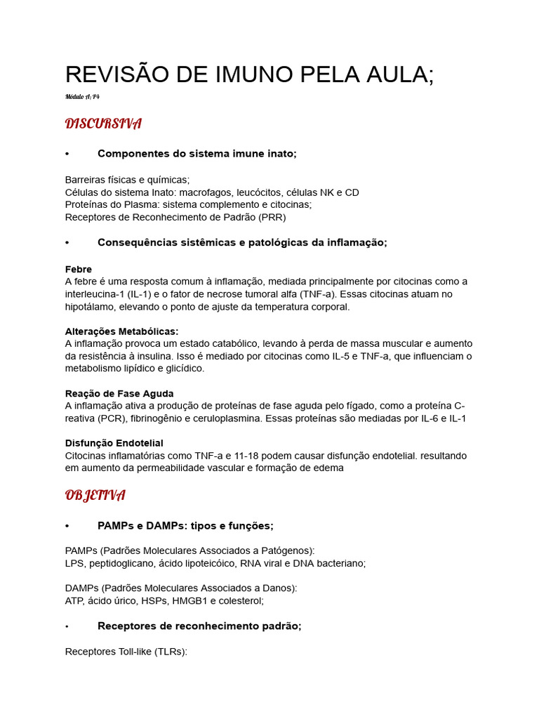 REVISÃO DE IMUNO PELA AULA; | PDF | Citocina | Sistema imunológico
