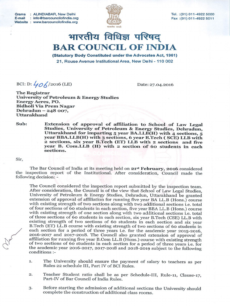 BCI_Approval_BALLB_BBA-LLB_ BTech LLB_ BCom LLB_ UPES | PDF