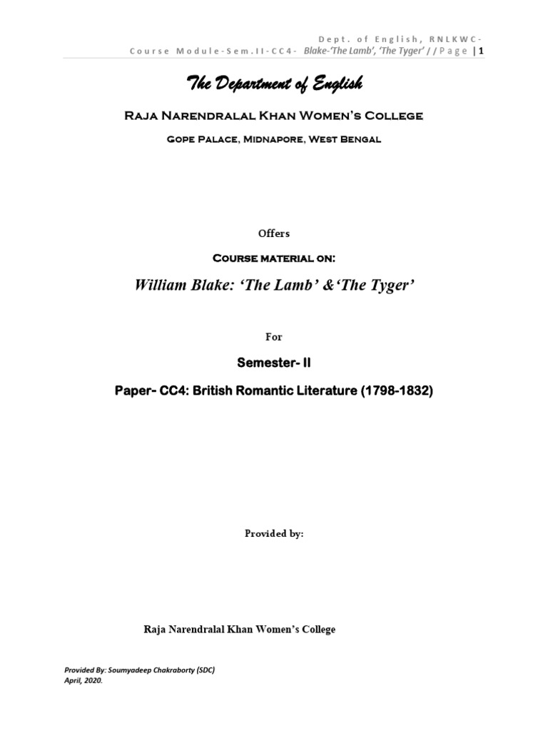 Blake's 'The Lamb' & 'The Tyger' Analysis | PDF | Lamb Of God | William Blake
