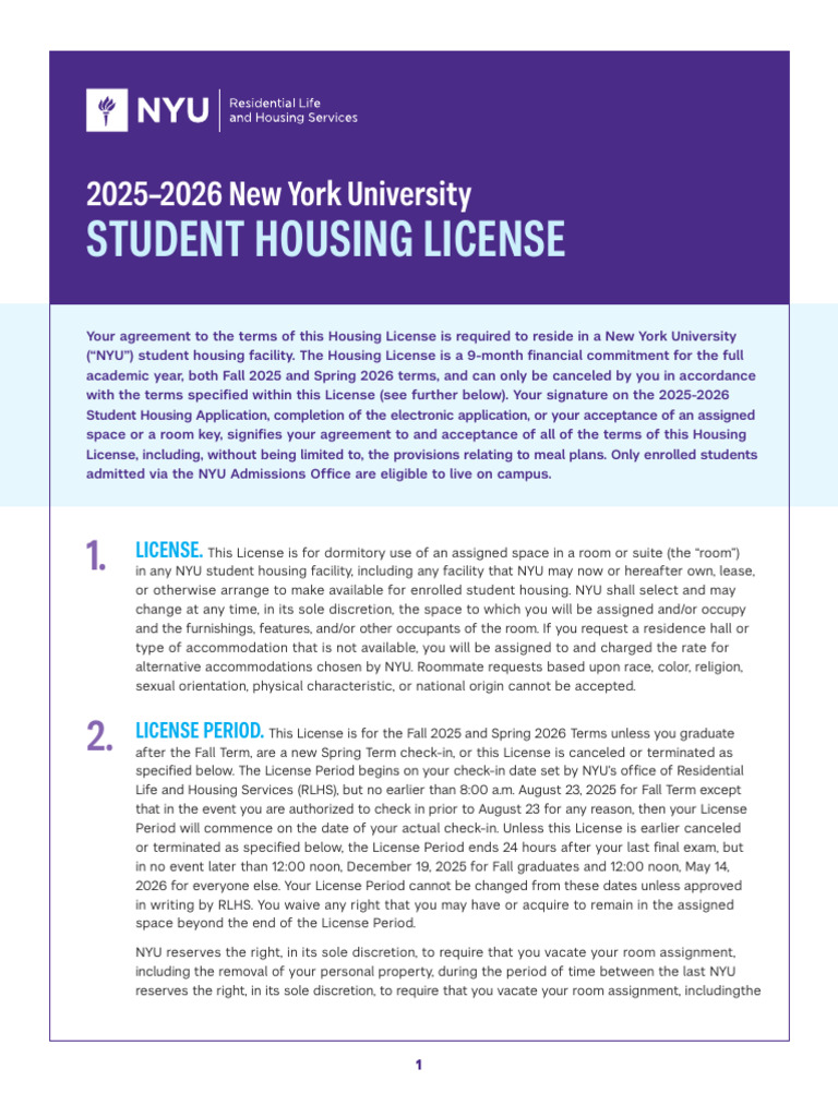 NYU 2025-2026 Housing License Agreement | PDF | Fee | New York University