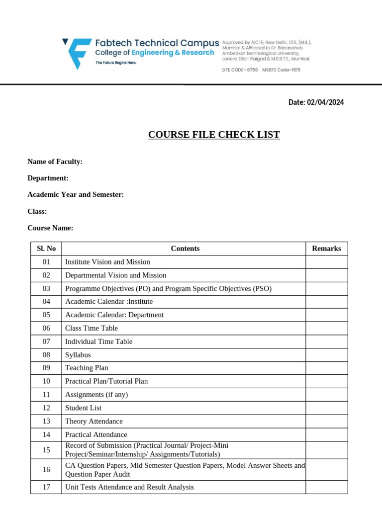 Course File Checklist for Faculty | PDF