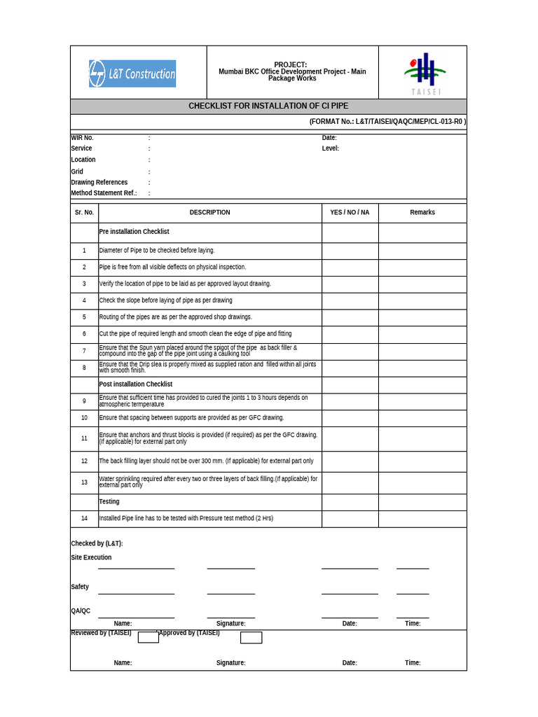 Checklist For Installation of CI Pipe | PDF | Pipe (Fluid Conveyance ...
