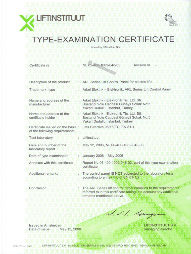 Arl Series Control Panels Type Examination Certificate | PDF