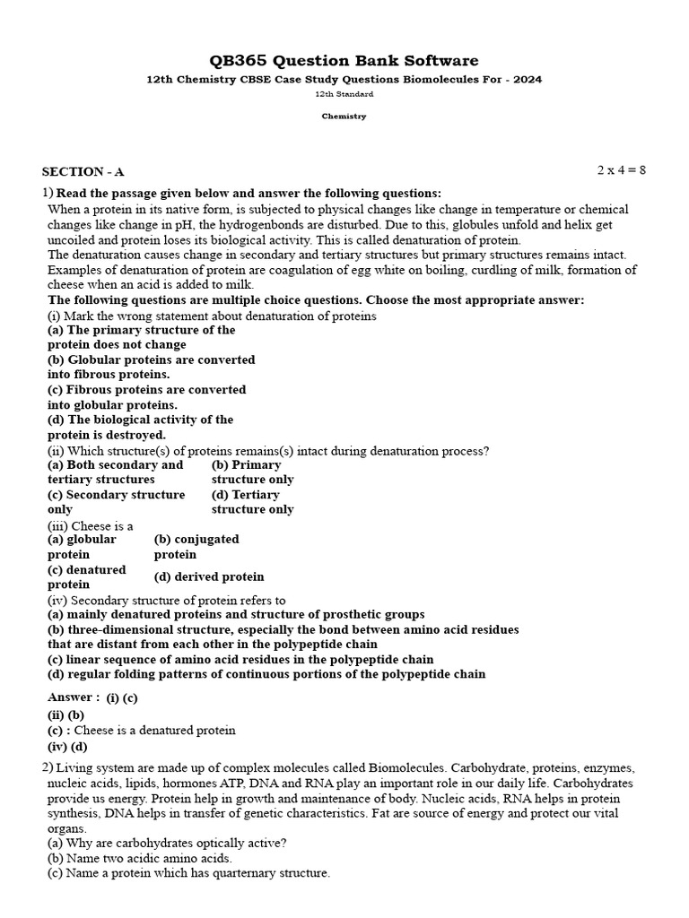 12th CBSE Chemistry: Biomolecules Quiz | PDF | Proteins | Denaturation ...