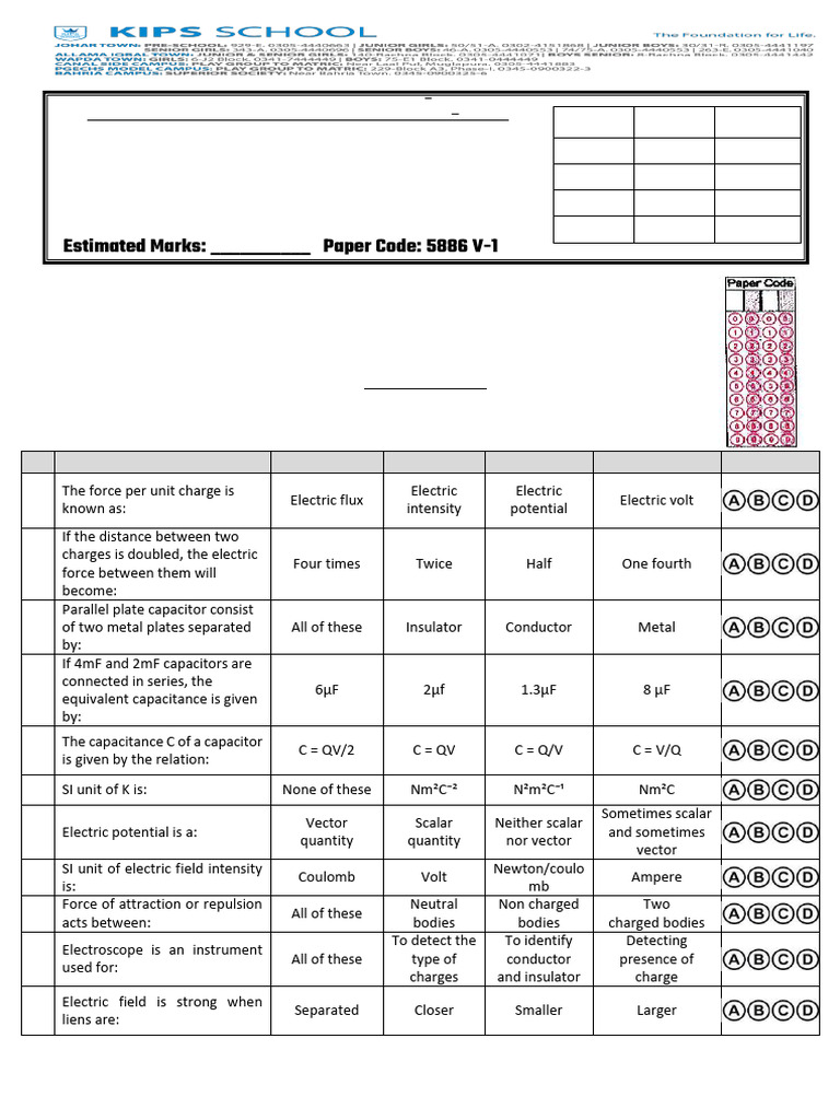 PHYSICS 10th T4 RNT CH13 (V-1) Session 2024-25 | PDF | Electric Field | Capacitance