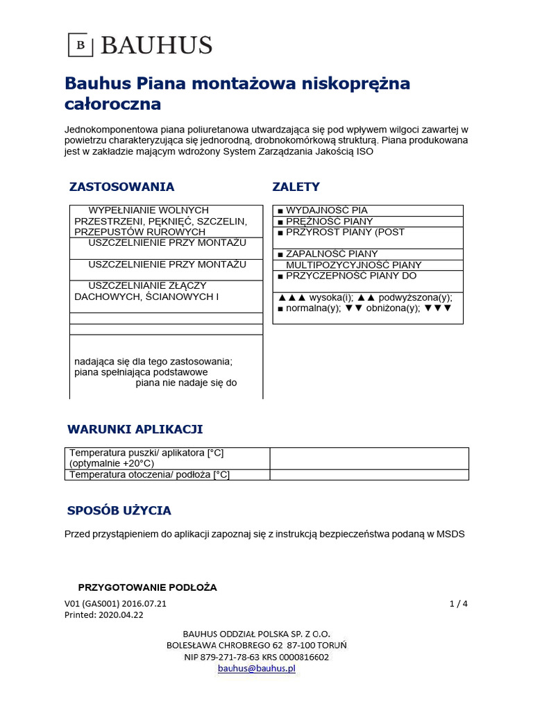 TDS-F-192-Y046-PL-Bauhus Piana Montażowa Niskoprężna Całoroczna | PDF